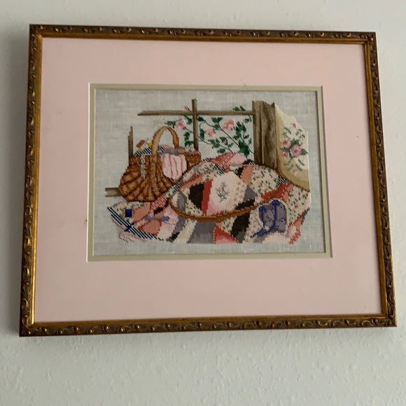 Vintage | Accents | Vintage Framed Needlepoint Art With Pink And Gold ...